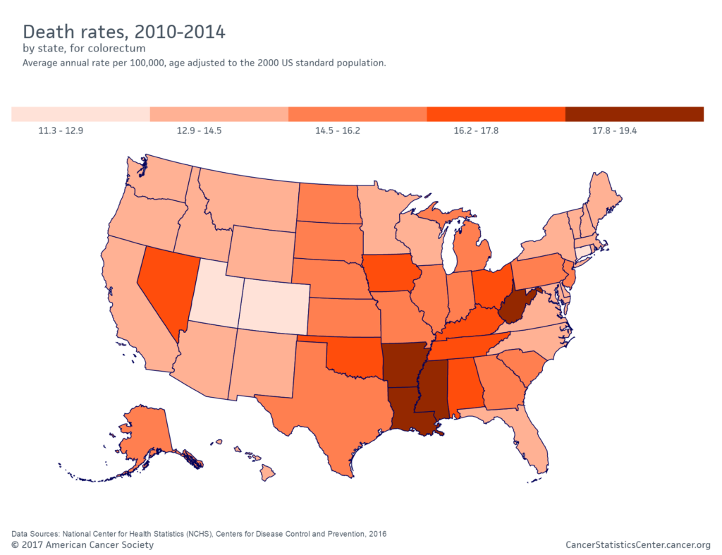 Death rates, map, 2010-2014 (by state) - National Lung Cancer Roundtable